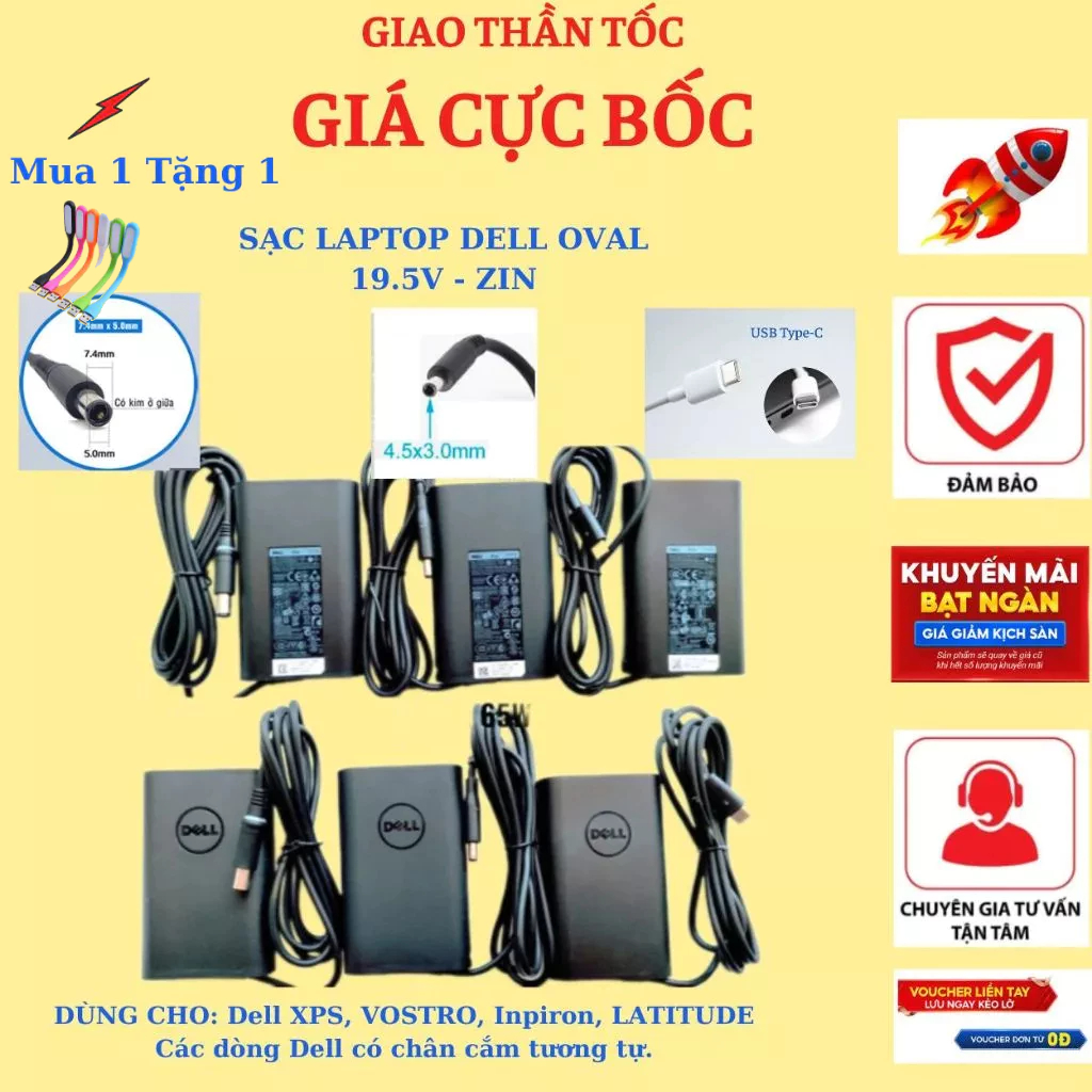 SẠC LAPTOP DELL OVAL 65W 90W TYPE C-KIM TO-NHỎ XPS Latitude Vostro ...