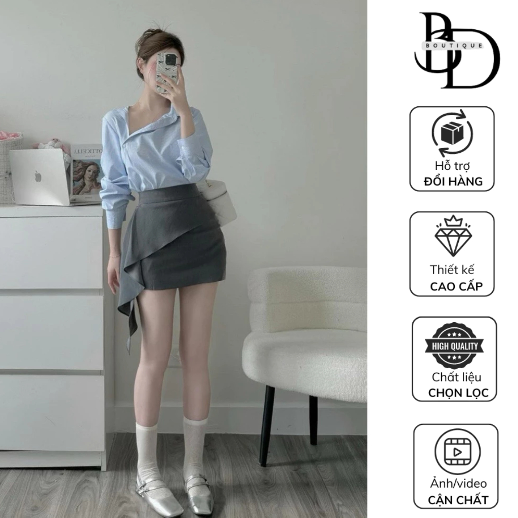 Set Áo Sơ Mi Áo Sơ Mi Kẻ Xanh khuy Cài Lệch Kèm Chân Váy Ngắn Phối Bèo Ghi Sang Chảnh Thanh Lịch ...