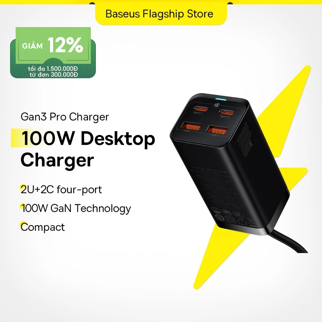 Baseus 100W/65W GaN3 Sạc 2U + 2C Máy Tính Để Bàn Sạc Nhanh 4 Trong 1 Adapter Sạc Điện Thoại ...