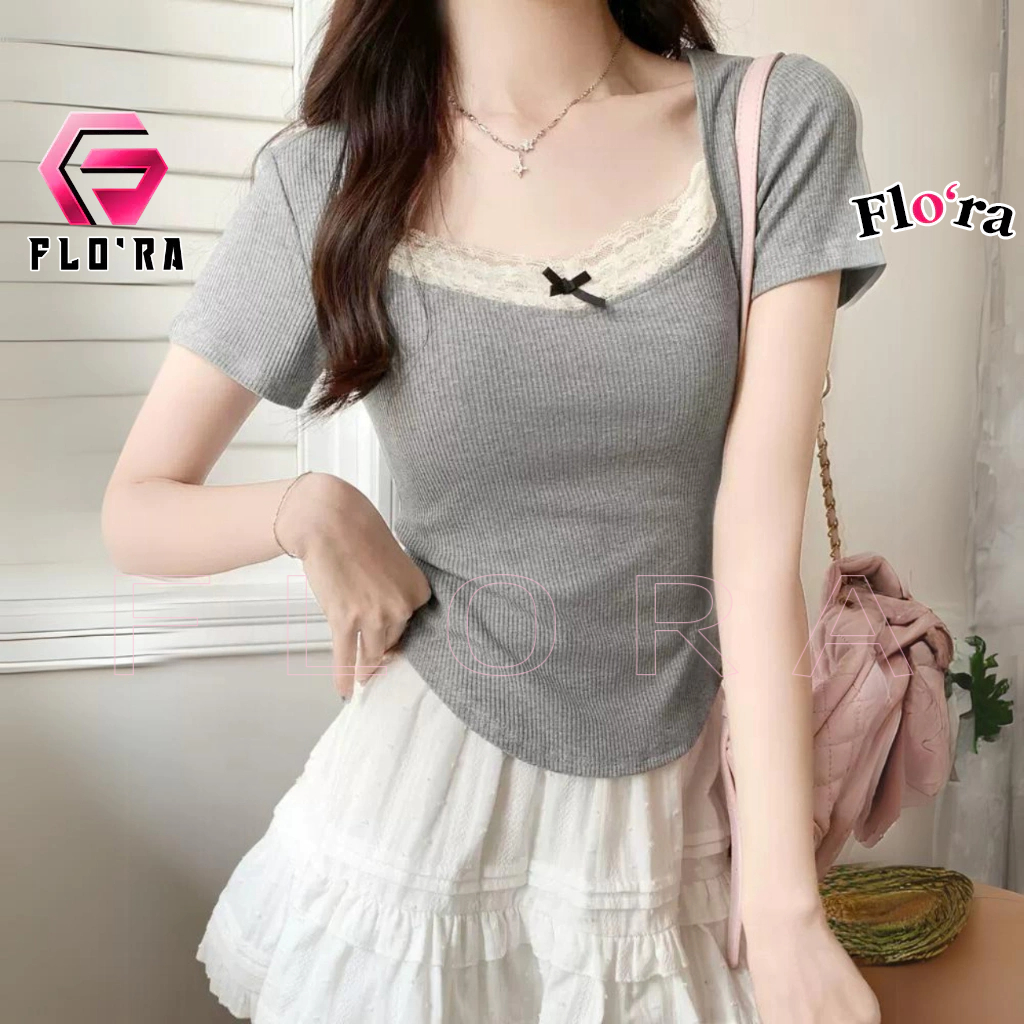 Áo Thun DÁNG DÀI CỔ VUÔNG REN NƠ Vạt Tròn Bầu Chất Thun Gân, Áo Babytee Tay Ngắn Kiểu Ôm Nữ Flo ...