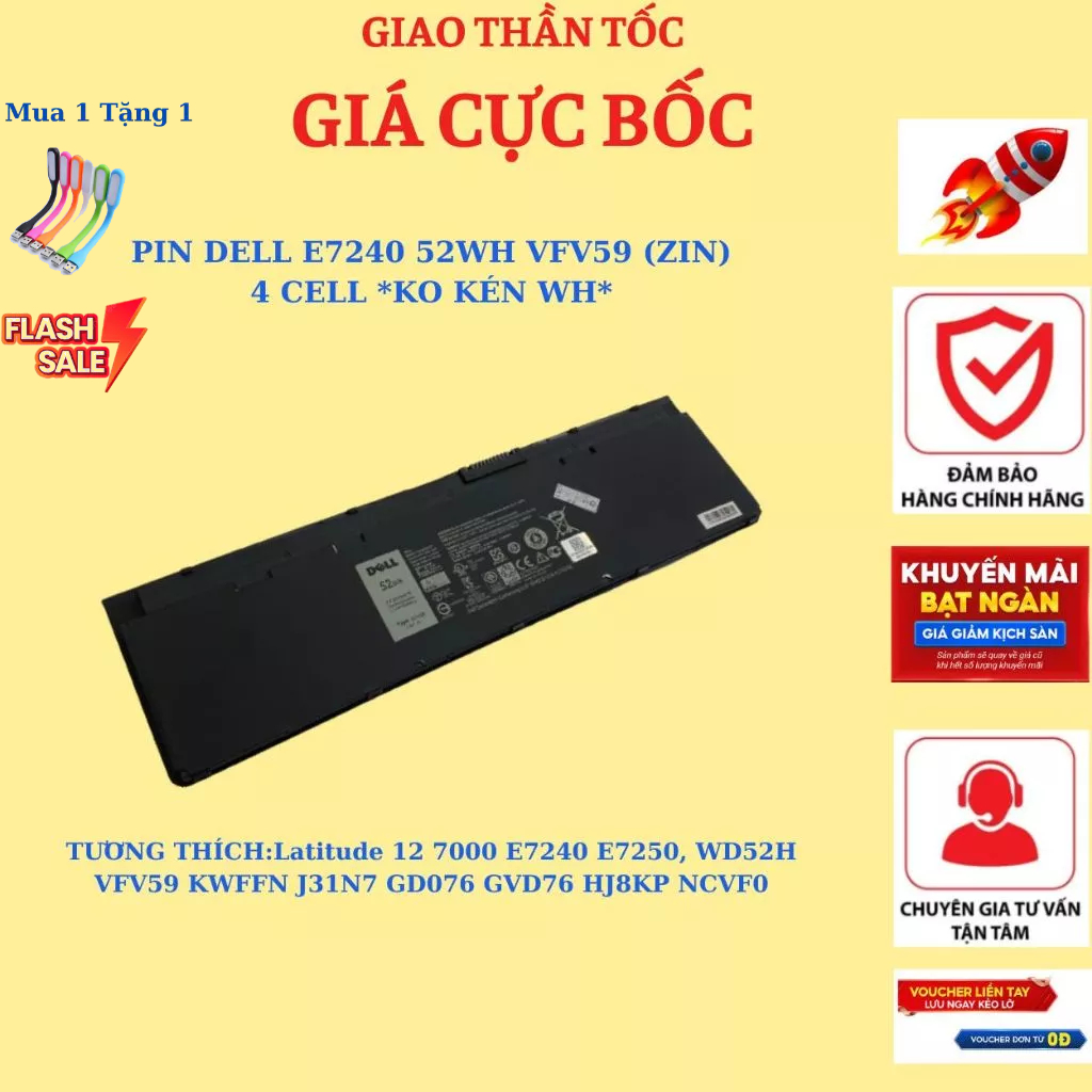 Pin Laptop DELL LATITUDE E7240 E7250 WD52H VFV59 52WH 45WH Hàng Cao Cấp ...