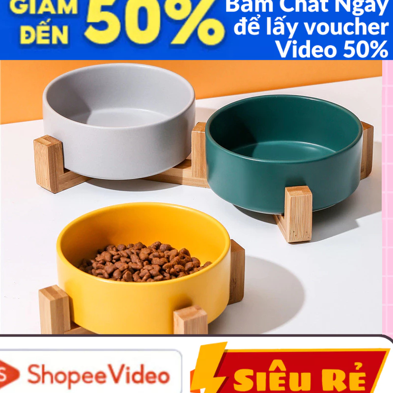 (order 2 tuần, Freeship) Bát Mèo gốm đôi bát bát nước khung gỗ để bảo ...