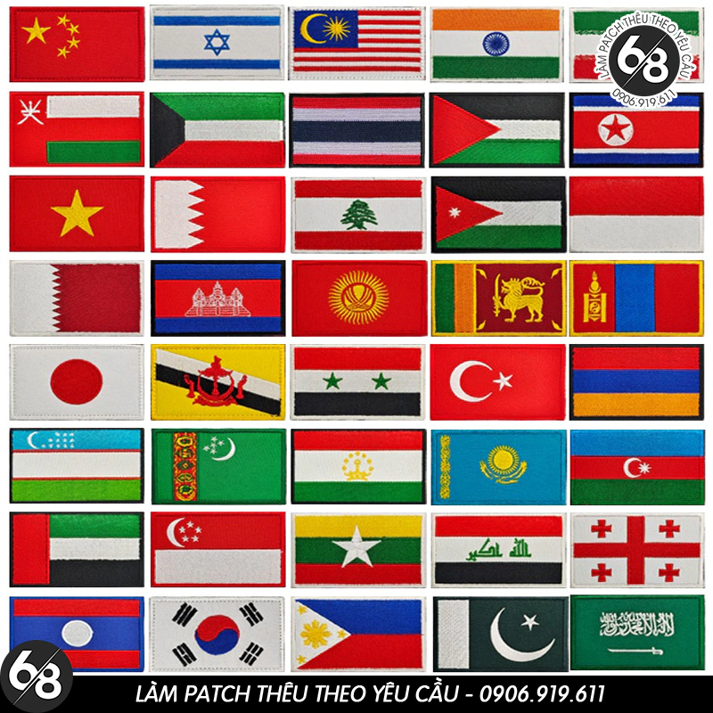 Patch vải thêu logo hình cờ nước các quốc gia Châu Á - Sticker miếng ủi ...