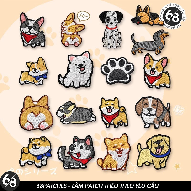 Miếng Sticker vải ủi nhiệt thêu hình logo chú chó con Corgi Chibi dễ ...