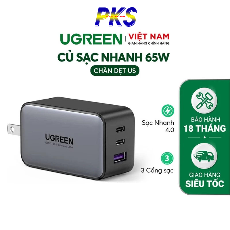Củ sạc nhanh 65W 1 USB-A và 2 USB-C công nghệ GaN màu đen chân US Ugreen 10334 | Shopee Việt Nam