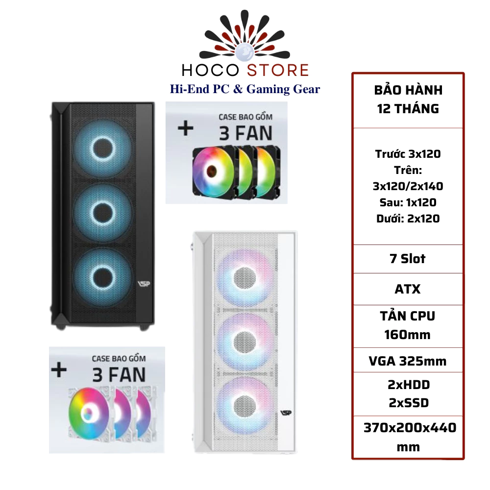 Case Máy Tính Gaming VSP V3 (ATX) Màu Đen, Trăng (Kèm 3 Fan Led) | Hoco Store PC | Shopee Việt Nam
