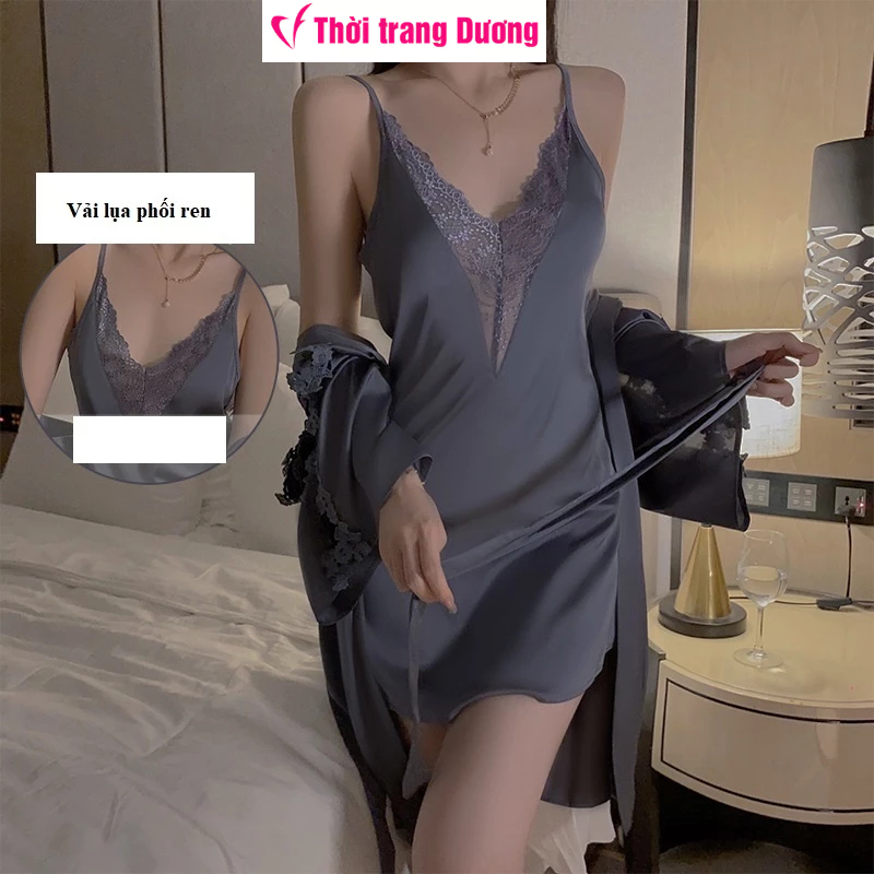 Set đồ ngủ sexy nữ gồm váy và áo choàng vải lụa mềm mại thoáng mát cao cấp hàng nhập NG1906 ...