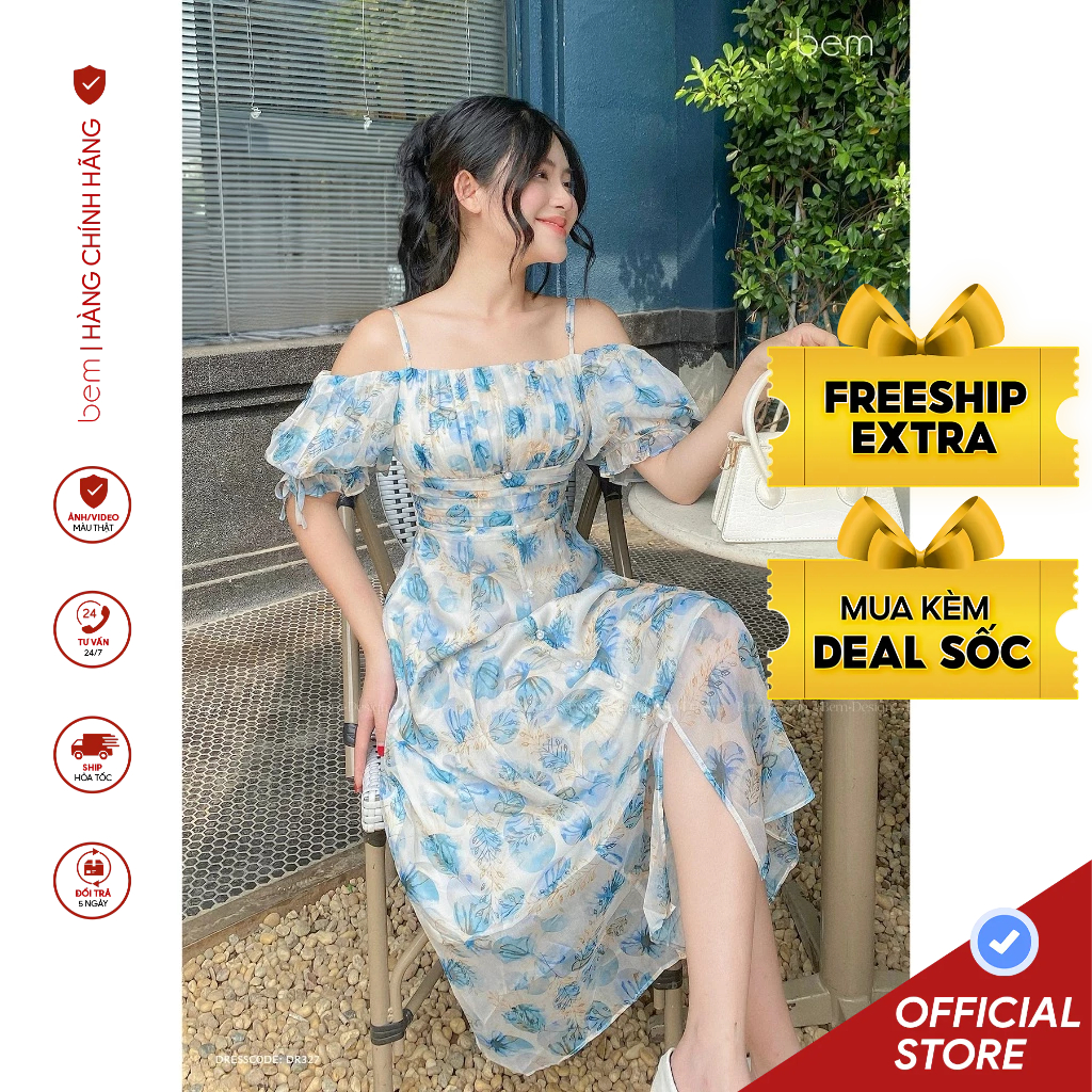 ĐẦM HOA TƠ XƯỚC XANH TAY RỚT VAI NGỰC XẾP LI NỮ TÍNH BEM DESIGN (DR327) | Shopee Việt Nam