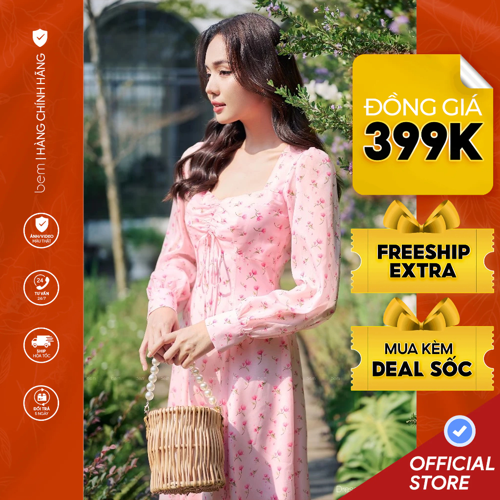Đầm Hoa Nhí Hồng Phần Cổ Cách Điệu Dây Nơ Điệu Đà Tay Dài Thanh Lịch BEM Studio (DR367) | Shopee ...