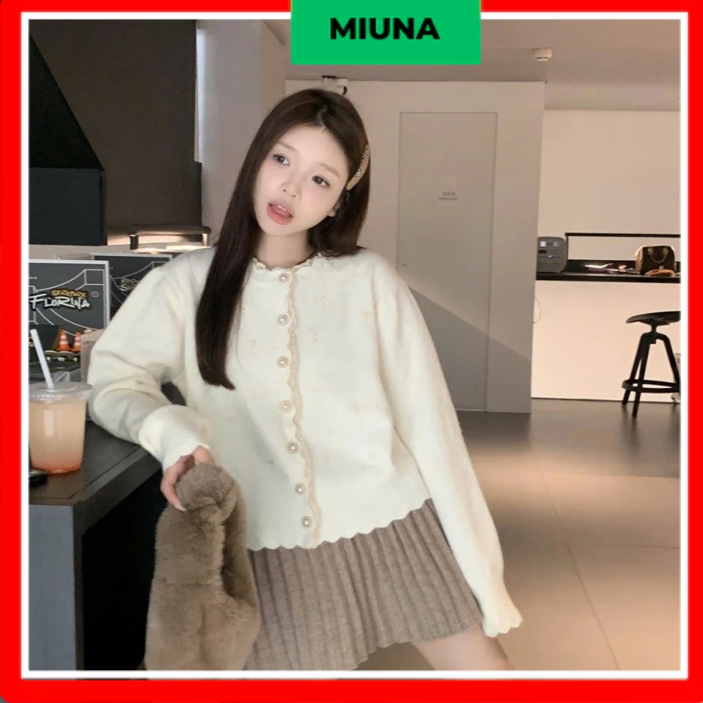 Áo cardigan thêu lá Miuna cúc ngọc viền ren, Áo khoác len hai màu tiểu ...