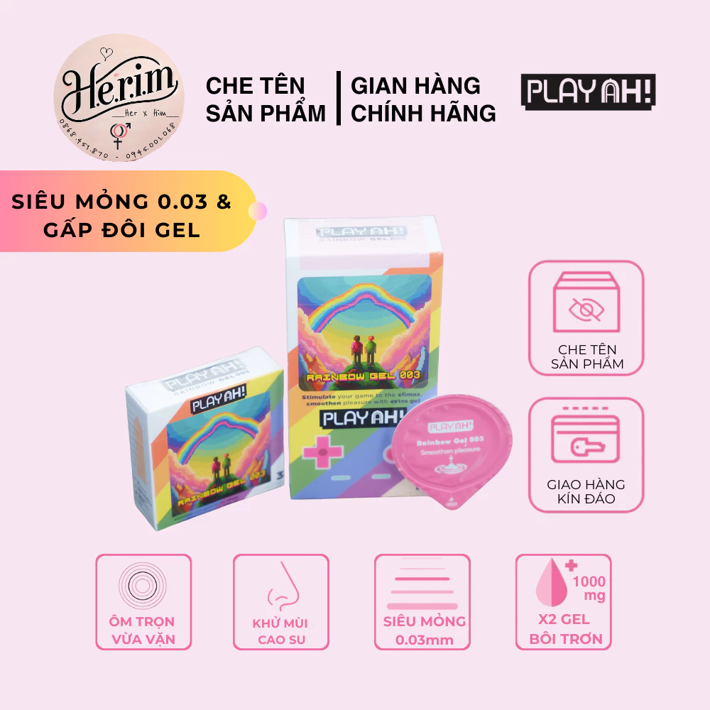 [CHE TÊN] Bao Cao Su PlayAh Rainbow Gel 003 Hộp 3/10 Size 52mm siêu ...
