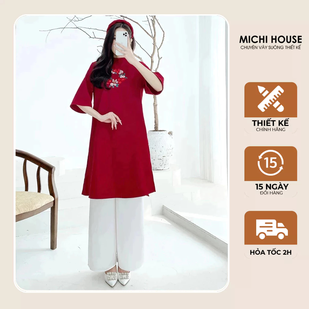 Áo Dài Tết Cách Tân Suông A Dáng Dài Qua Gối Michi House Váy Xuông Màu Đỏ Phong Cách Truyền ...