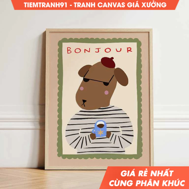 Tranh treo tường ,Bonjour Dog Illustration , Eclectic Art, Coffee ...