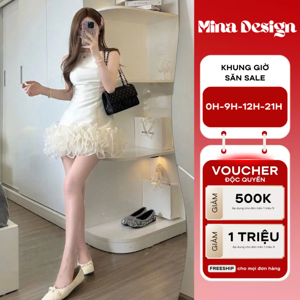 Đầm tiểu thư dạo phố sang chảnh mina design thiết kế cổ tròn sát nách dáng peplum phối tơ lưới ...