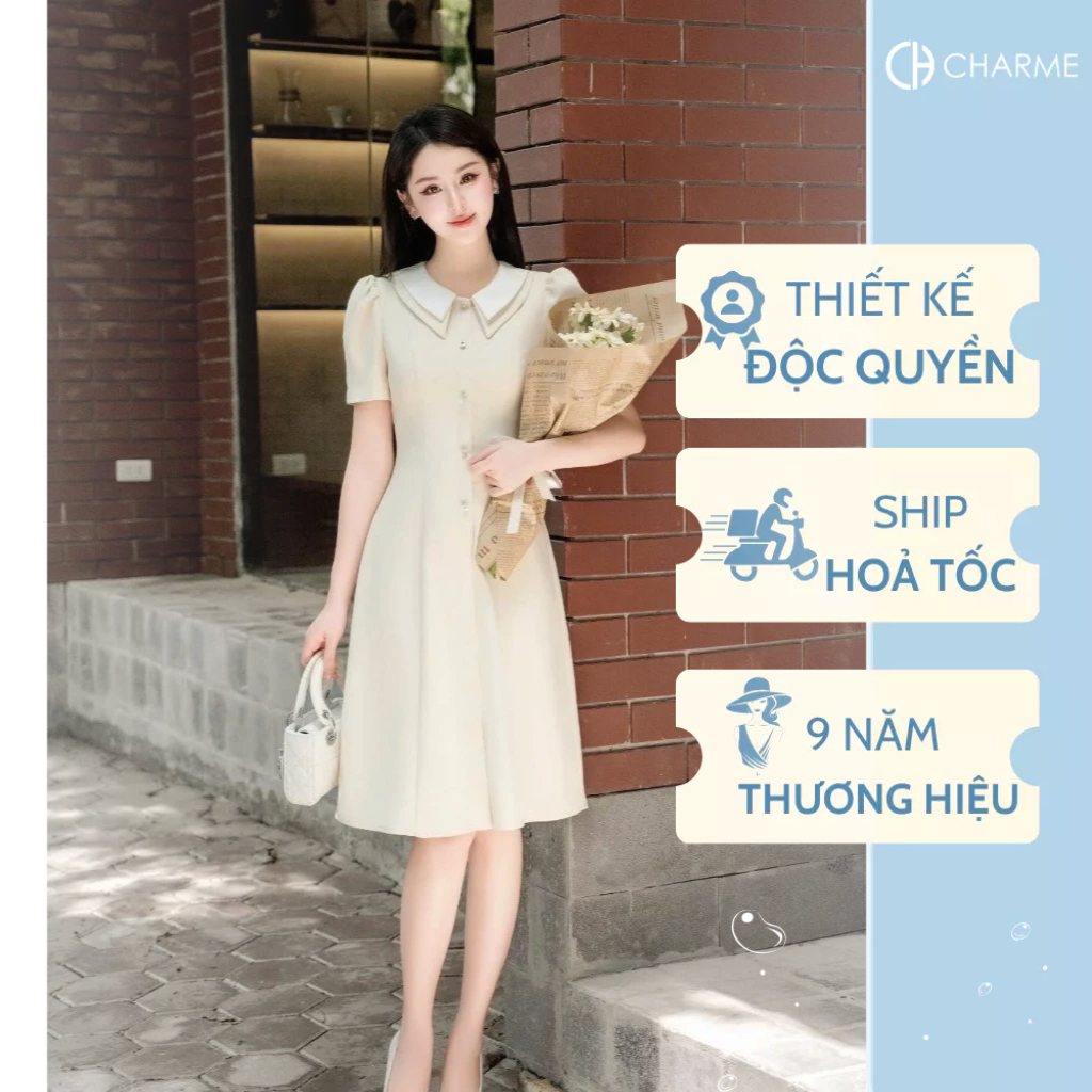 Váy nữ cộc tay phối cổ dáng chữ A Charme 409026 | Shopee Việt Nam