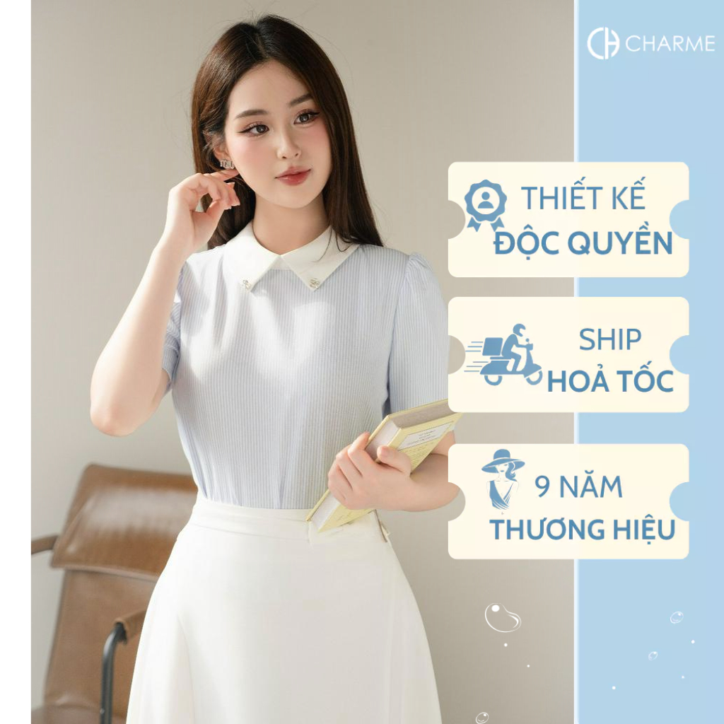 Áo sơ mi cộc tay kẻ xanh cổ Đức đính đá Charme 406002 | Shopee Việt Nam