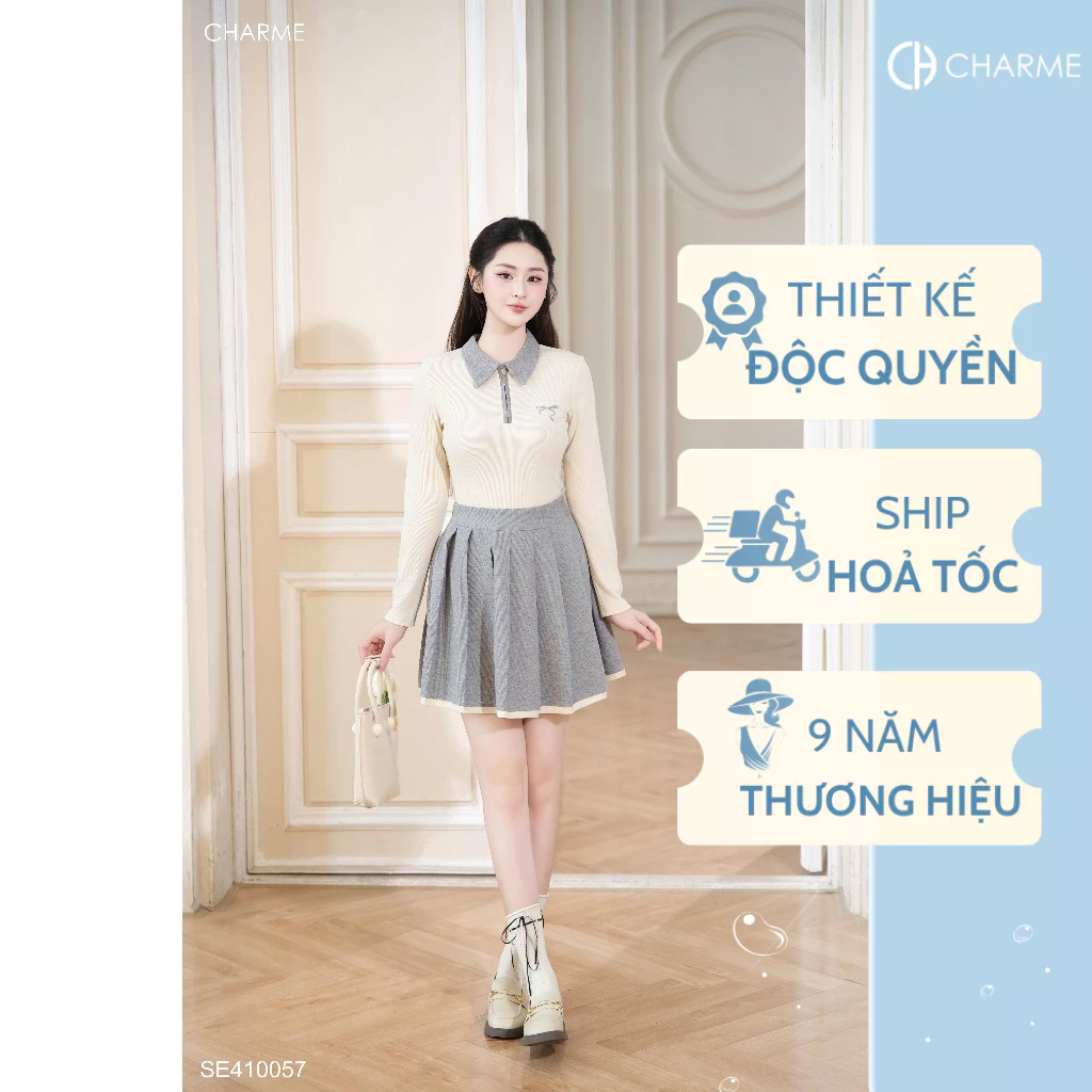 Set áo cổ khóa chân váy xếp ly năng động trẻ trung 410057 | Shopee Việt Nam