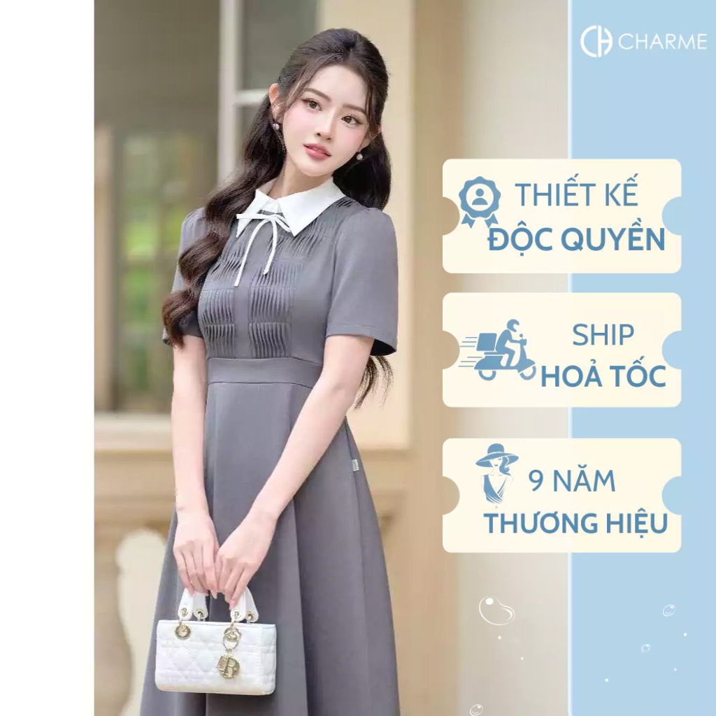 Váy đầm công sở nữ cổ đức phối ngực bèo Charme Store 502033 hàng thiết kế | Shopee Việt Nam