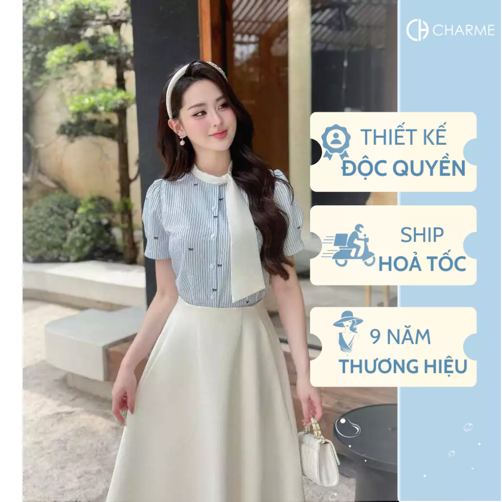 Áo sơ mi cộc tay cổ trụ phối Charme Store 505037 | Shopee Việt Nam