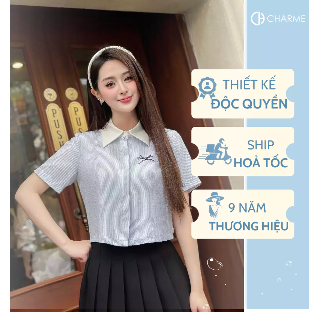 Áo sơ mi croptop thêu chữ nơ ngực Charme Store 503016 | Shopee Việt Nam