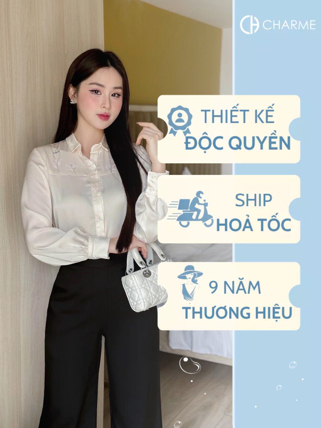 Áo sơ mi nữ dài tay lụa đính cườm Charme 403005 | Shopee Việt Nam