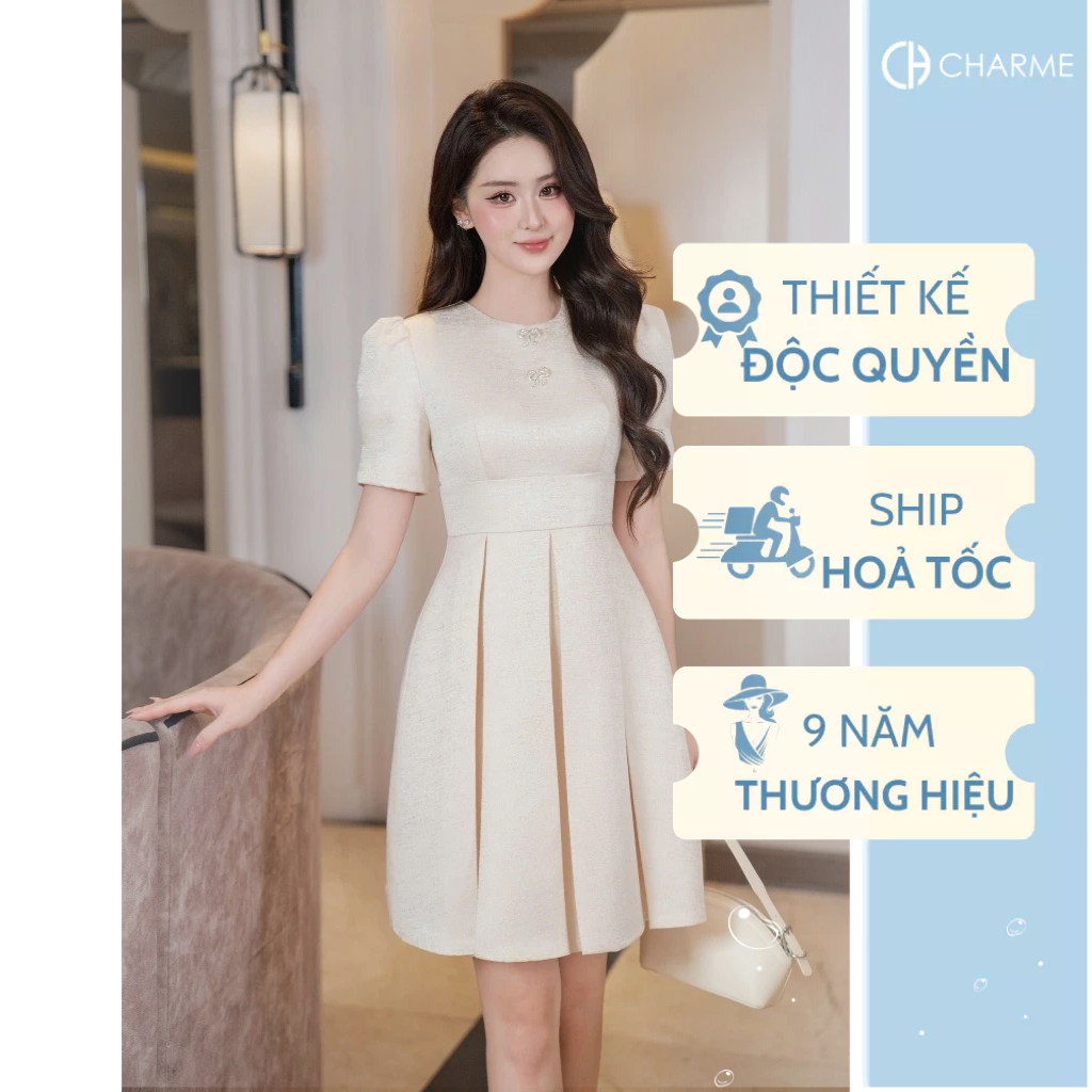 Váy đi tiệc xóe tay ngắn nơ ngực Charme 411105 | Shopee Việt Nam