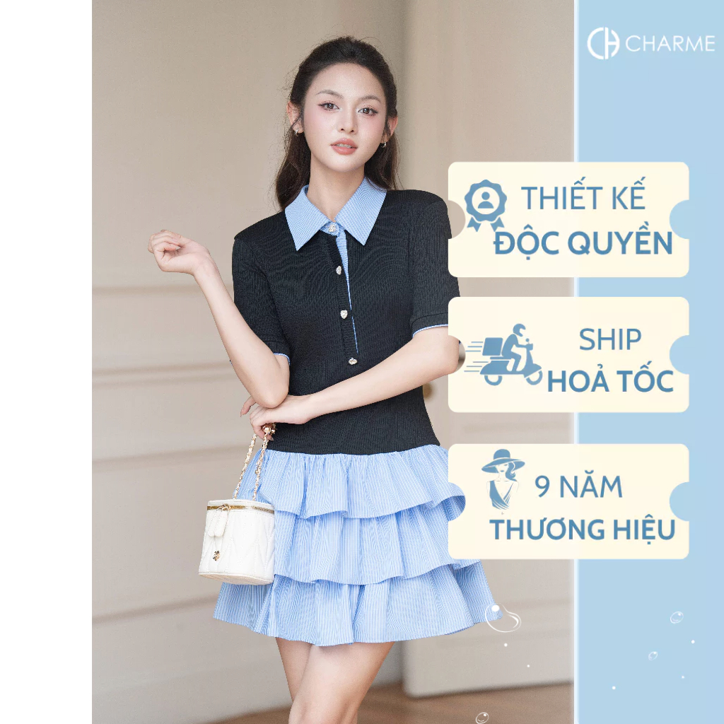 Váy thun thiết kế xoè tầng phối cổ sơ mi khuy tim Charme Store 503019 | Shopee Việt Nam