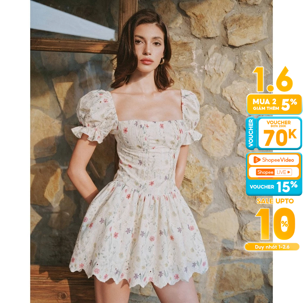 RECHIC Đầm ngắn Eulalia dáng tay chun bồng chiết eo dáng xòe nhẹ tiểu thư nhẹ nhàng | Shopee ...