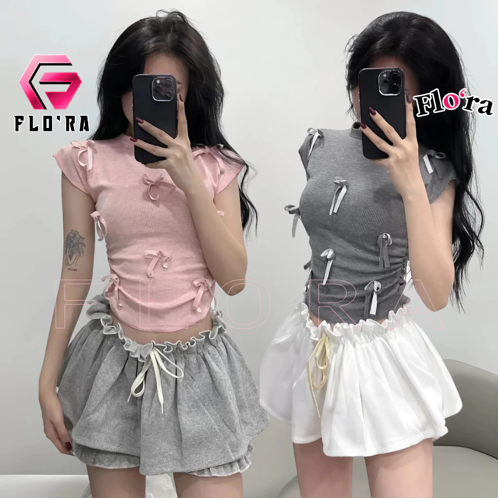 Áo Croptop Nữ Tay Ngắn CỔ TRÒN TAY HẾN ĐÍNH 8 NƠ Nhún Eo Vạt Tròn Bầu ...