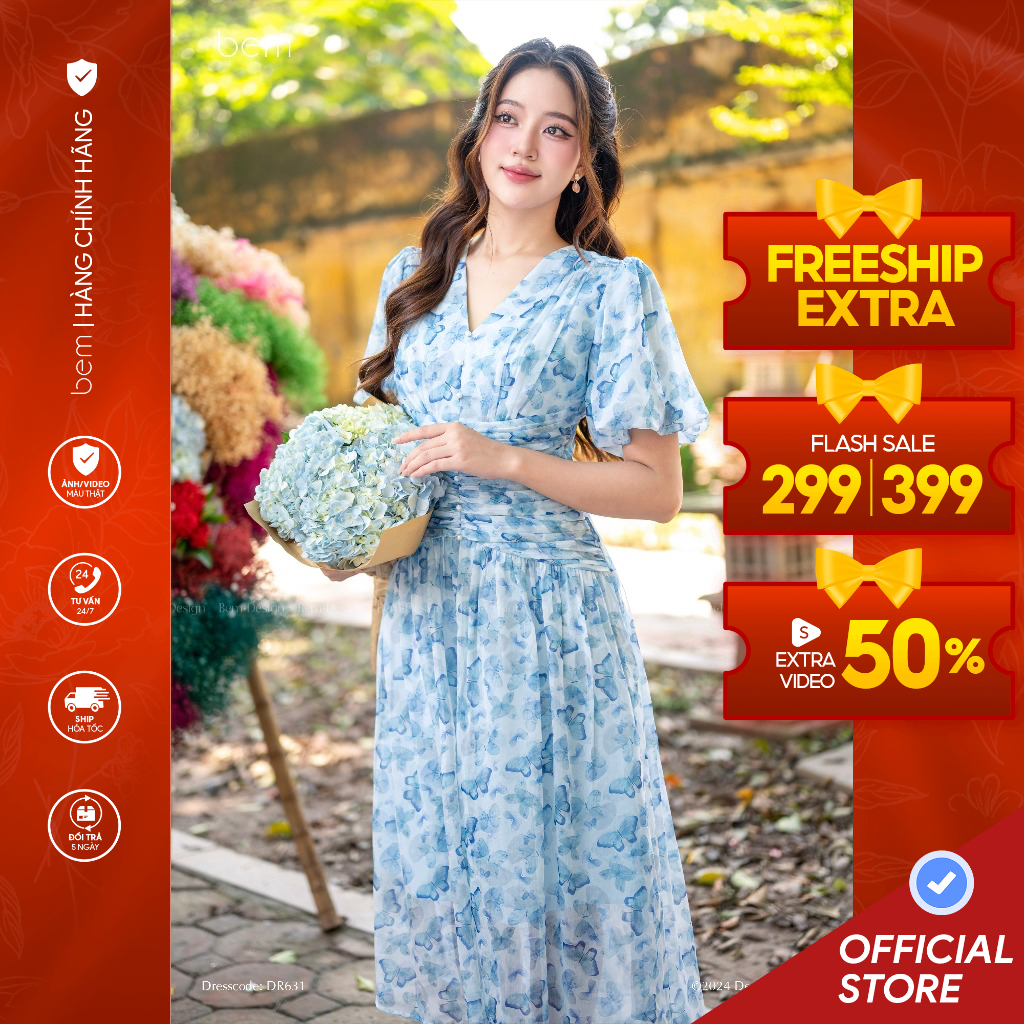 Đầm Hoa Nhí Xanh Dáng Dài Tiểu Thư Cổ V Xếp Ly Eo Bem Design (DR631) | Shopee Việt Nam