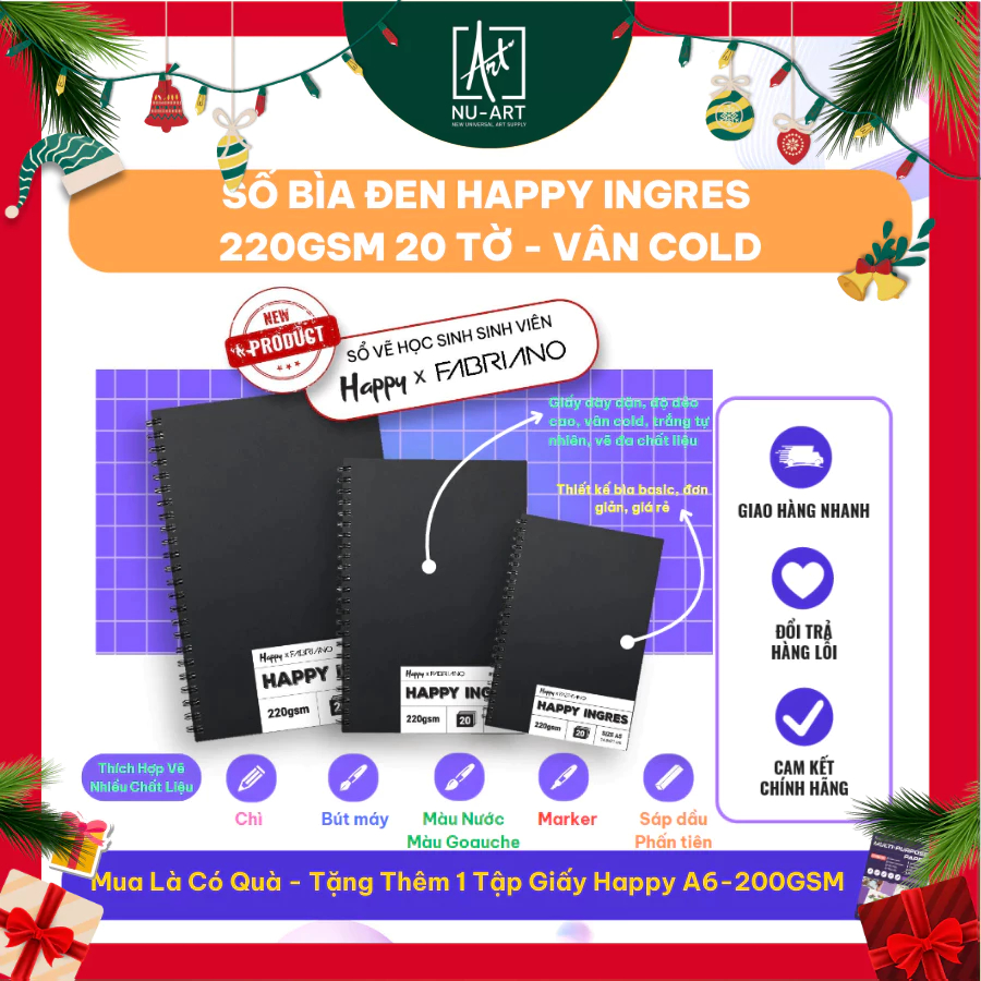 [Nu-Art HCM] Sổ Vẽ Lò Xo Bìa Đen Happy Ingres 110/220gsm Phong Cách ...