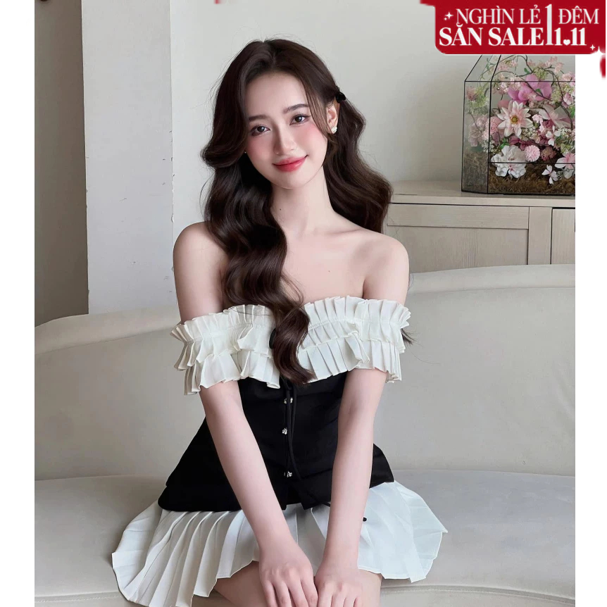 ZAMY SHOP - SM TK trễ vai xếp ly ngực đính nơ điệu đà hai màu đen và ghi nữ tính SP032963 ...