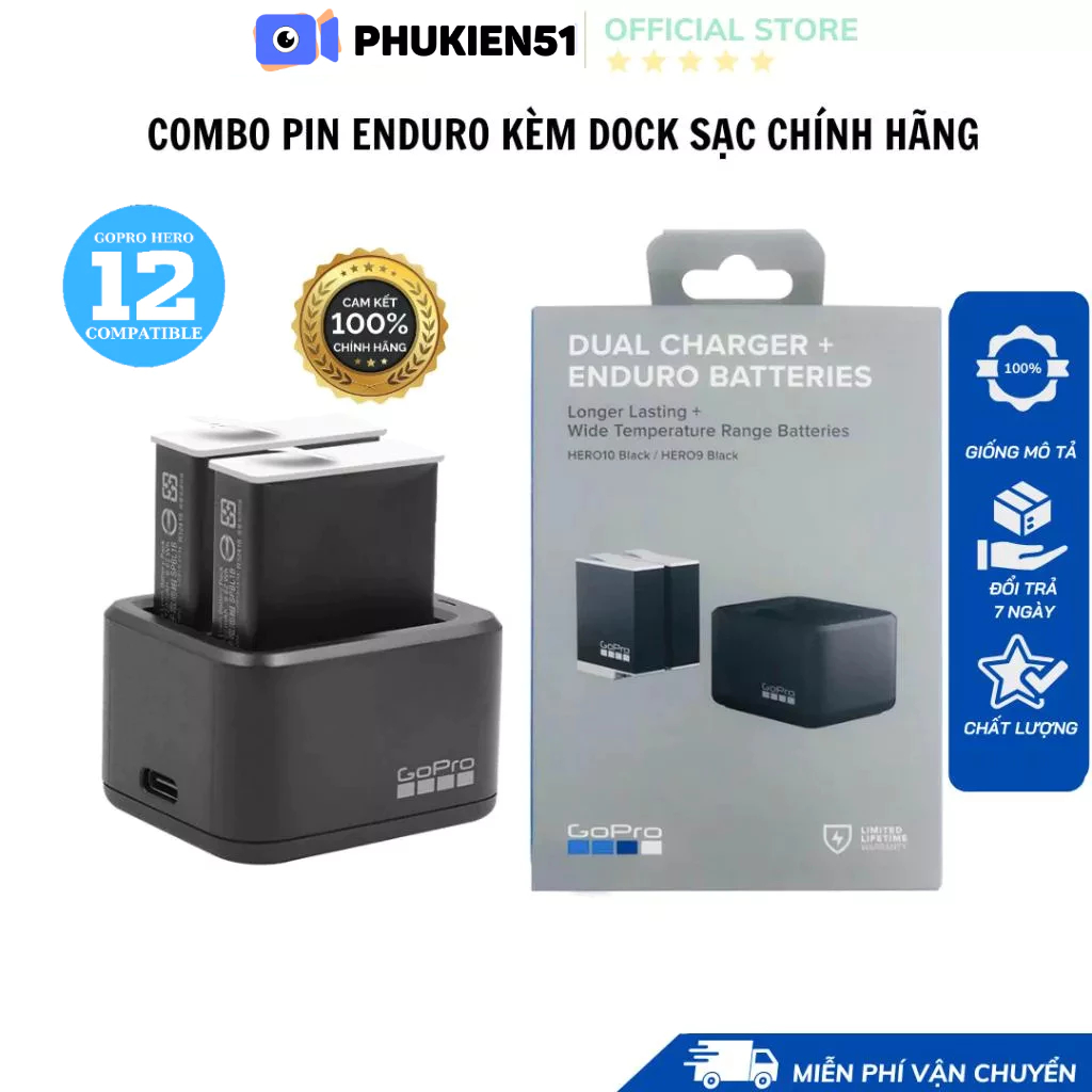 Pin Enduro GoPro 9 10 11 12 Black và Dock sạc đôi tăng tốc hiệu suất ...