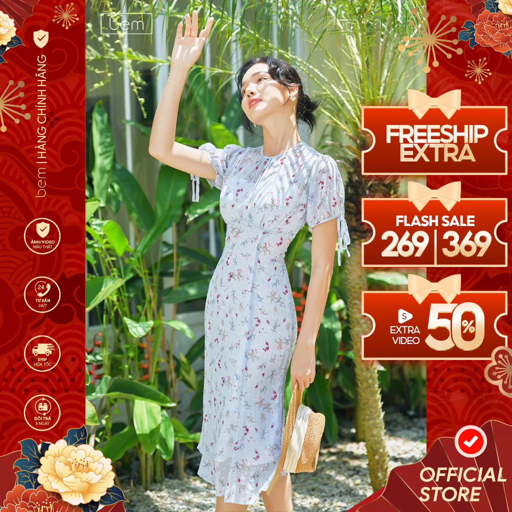 Đầm Hoa Nhí Xanh Dáng Đuôi Cá Tôn Dáng Tay Nơ Bem Design (DR259) | Shopee Việt Nam