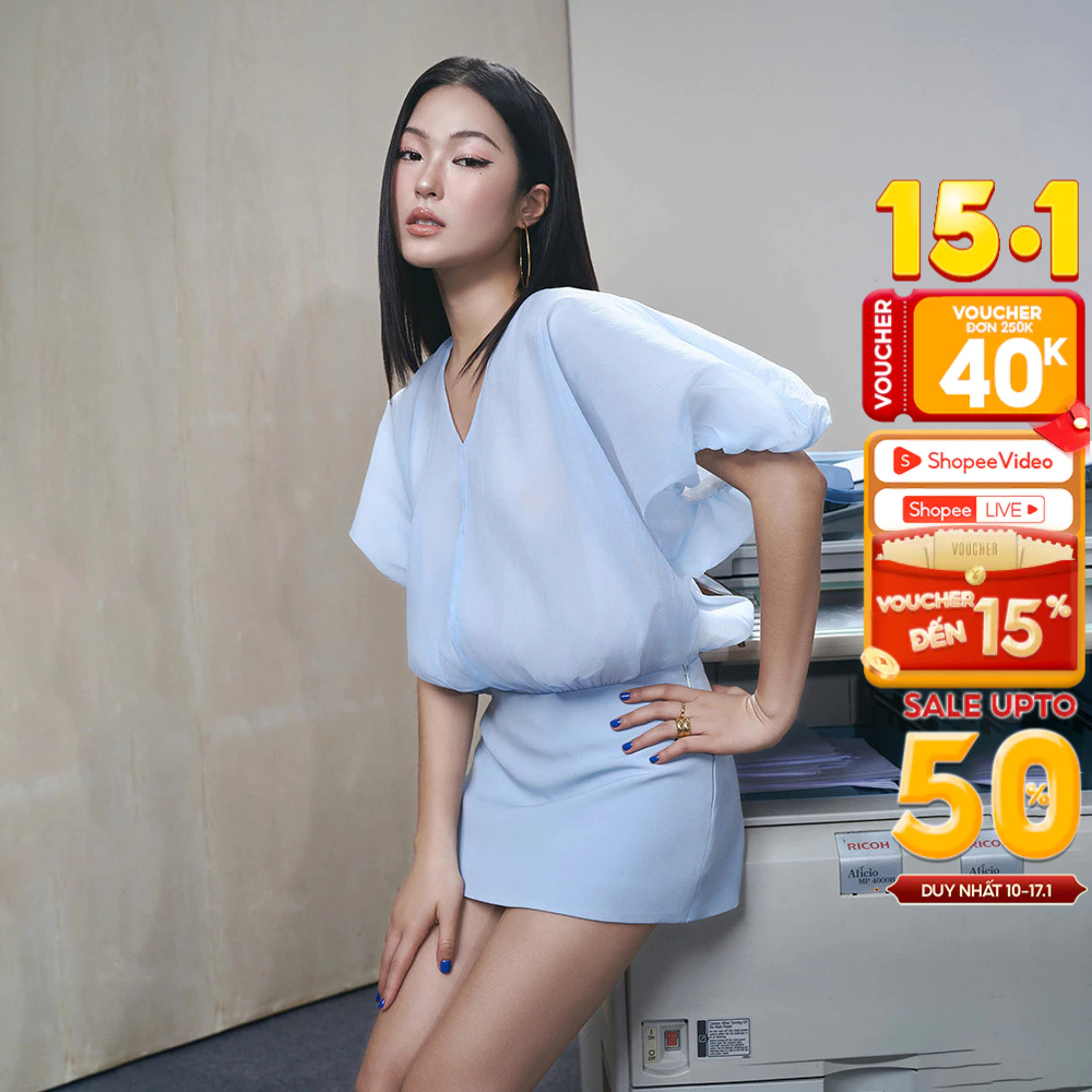 RECHIC Đầm ngắn Fragi cổ V tay phồng thoải mái | Shopee Việt Nam