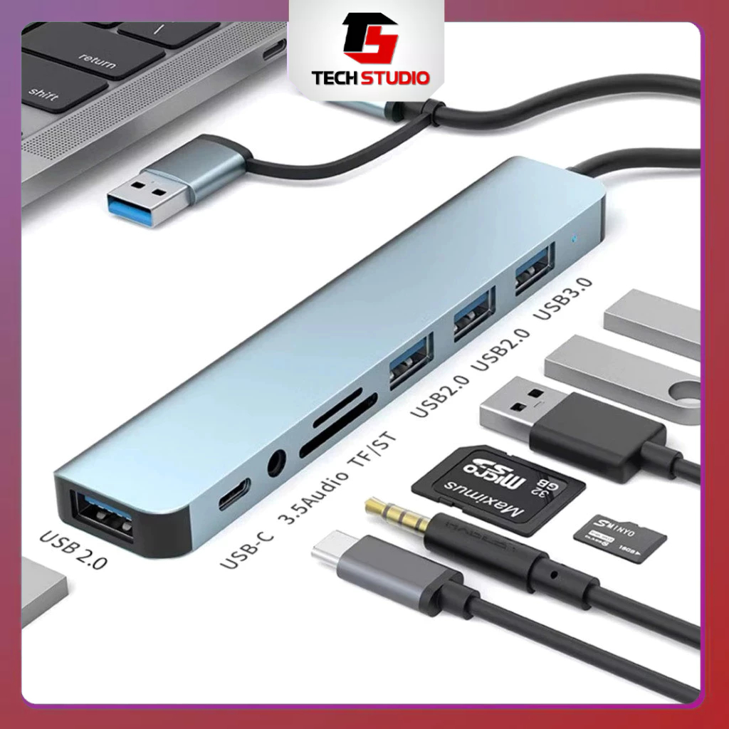 Bộ chia cổng Hub 8in1 chân cắm Type-C và USB với 8 cổng chuyển đổi đa năng phù hợp tất cả PC ...