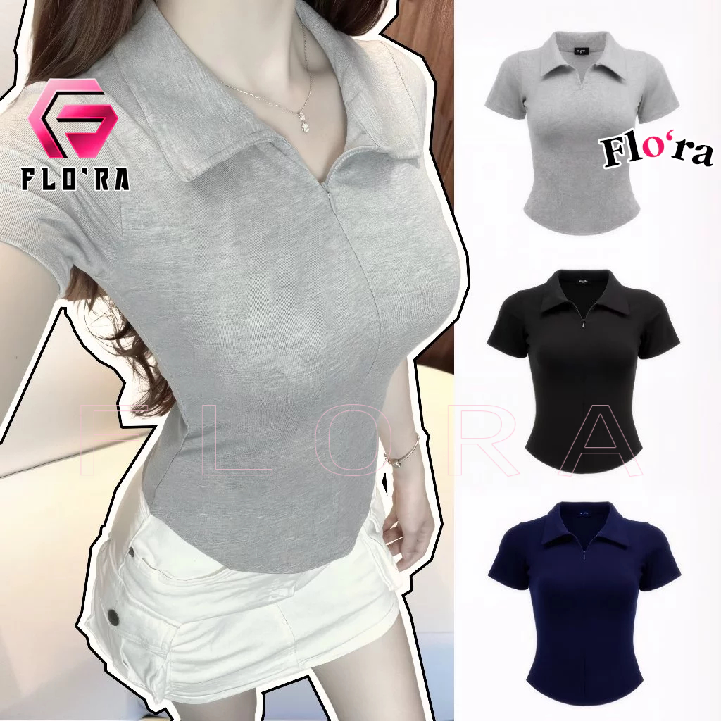 Áo thun nữ cổ bẻ phối dây kéo Flo'ra, DD52 áo polo nữ ôm dáng vải gân, áo thun babytee cổ bẻ Flo ...