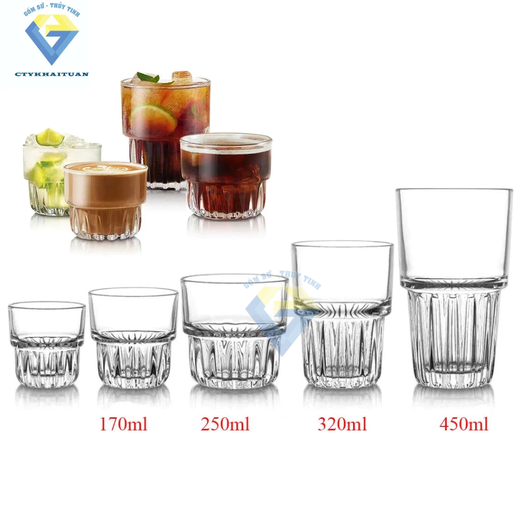 Bộ 12 ly thuỷ tinh 450ml / 320ml / 250ml / 170ml / 12 ly hoặc 6 ly khía sọc uống cafe , sinh tố ...
