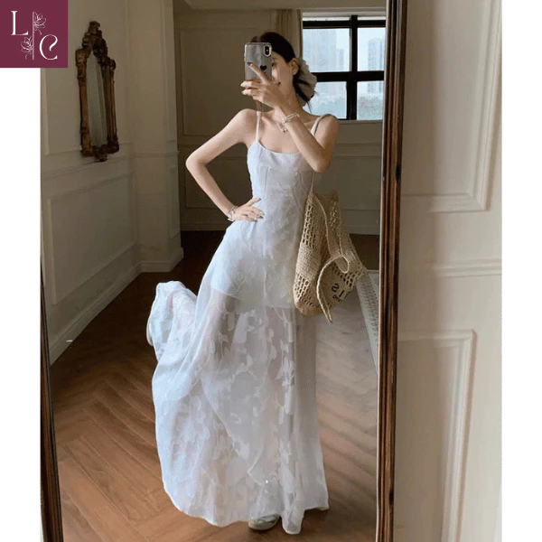 [D68] Váy hai dây Lena dáng dài thêu hoa nổi kiểu tiểu thư cổ điển ...