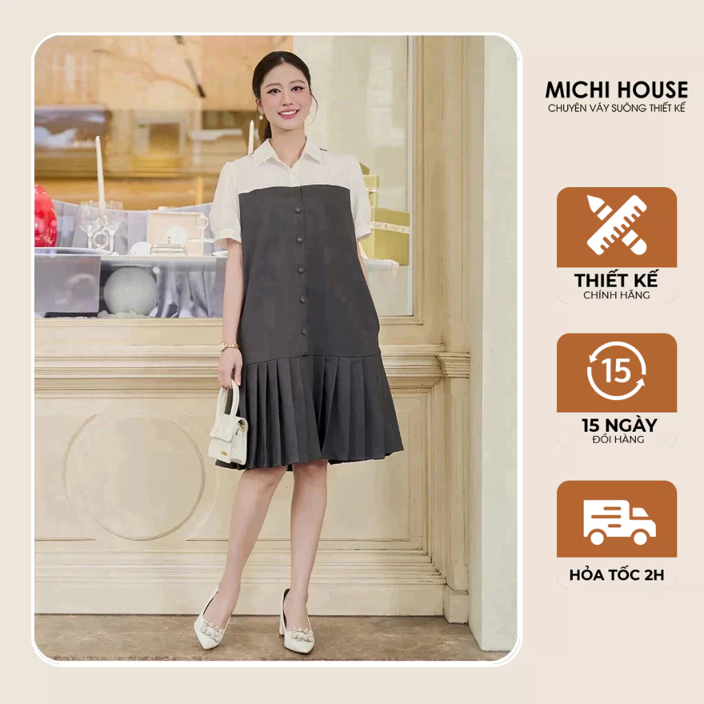 Đầm Suông MICHI House Váy Xuông Công Sở Dáng Rộng Cổ Sơ Mi Chân Váy Xếp Ly Bigsize V782 | Shopee ...