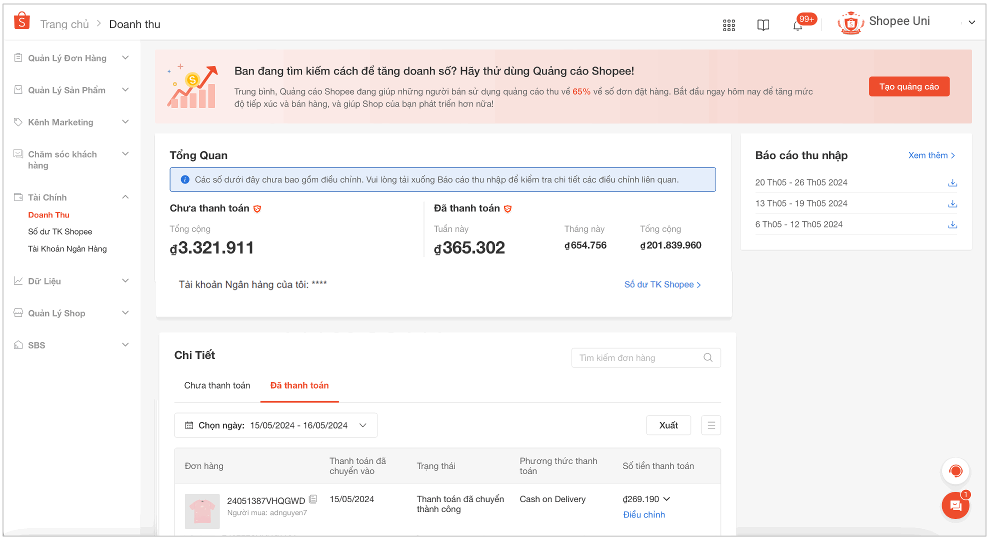 Hướng dẫn cách xem Chi tiết Doanh thu trên Shopee | Học viện Shopee ...