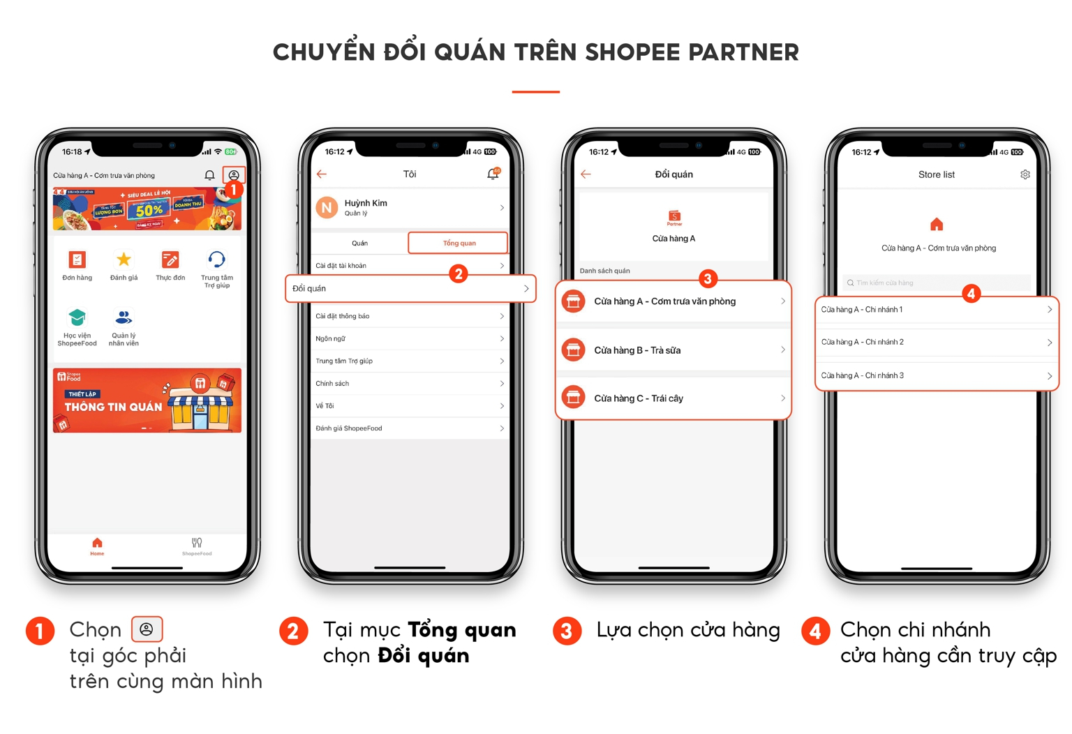 Làm sao để chuyển đổi giữa các quán đang quản lý trên Shopee Partner?